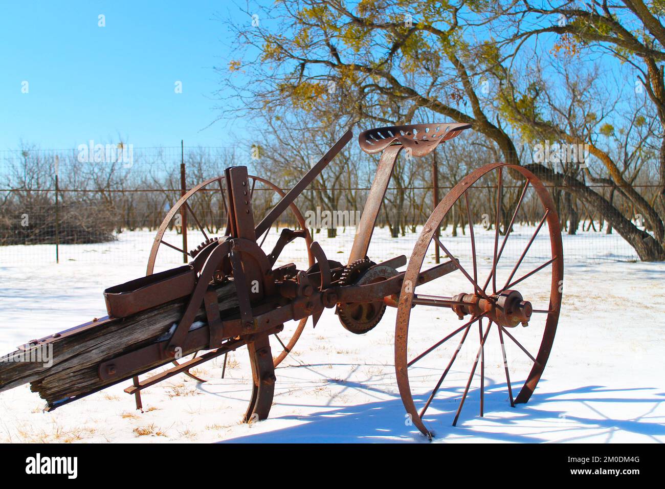 Old West Texas farm in the winter time during a rare snow during ...