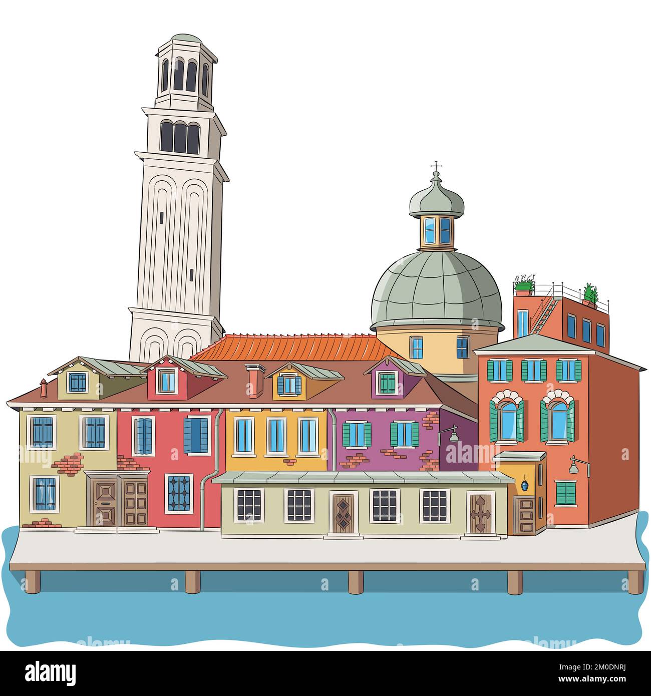 Multicolored facades of old medieval colorful traditional houses, churches and bell towers ...