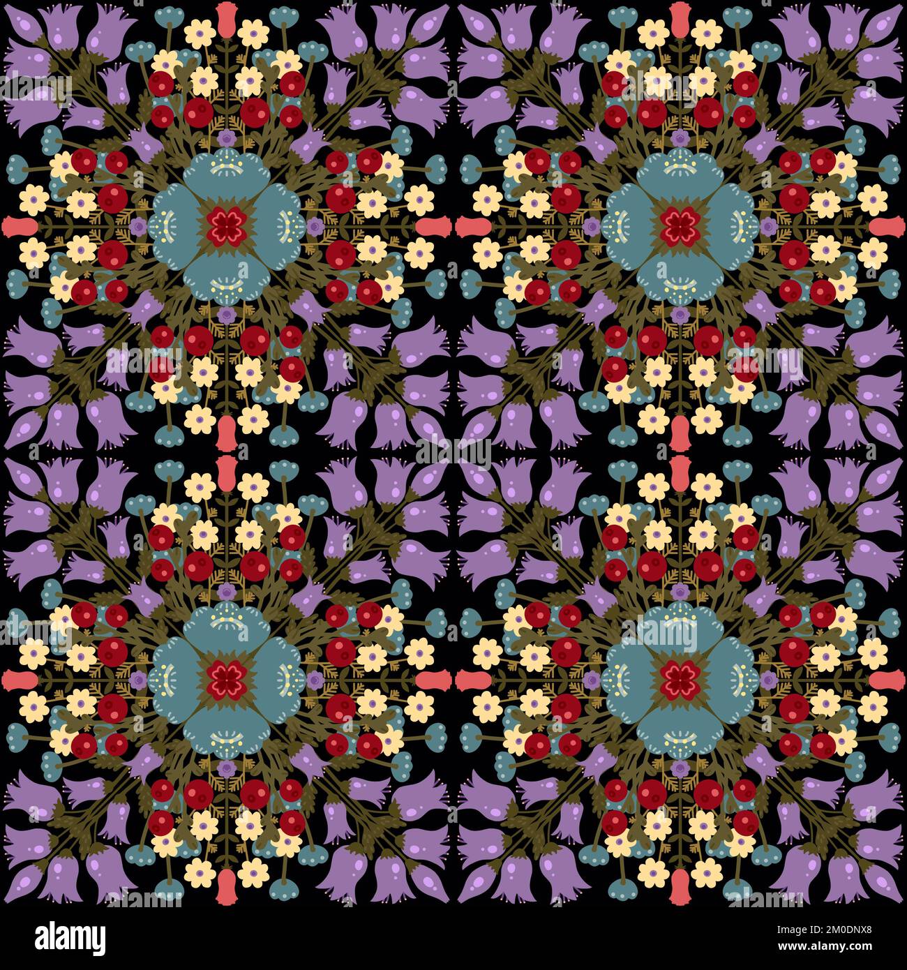 Colorful floral kaleidoscope seamless pattern. Hand drawn stylized ...
