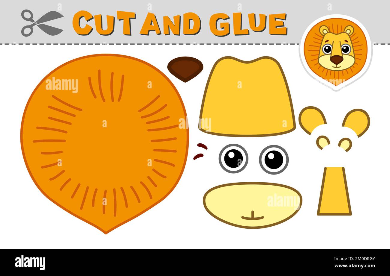Cut out applique and glue a lion head. Vector illustration. Paper game ...