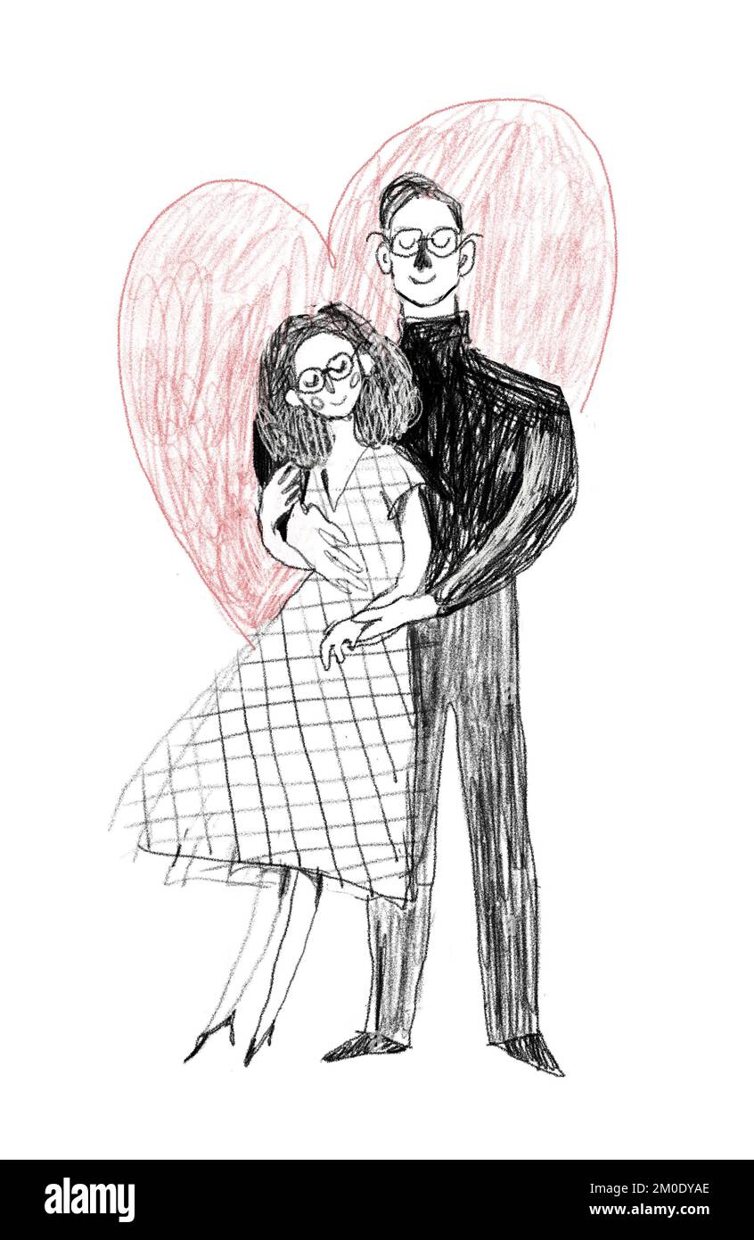The couple hugs a heart symbol background, a romantic pencil drawing ...