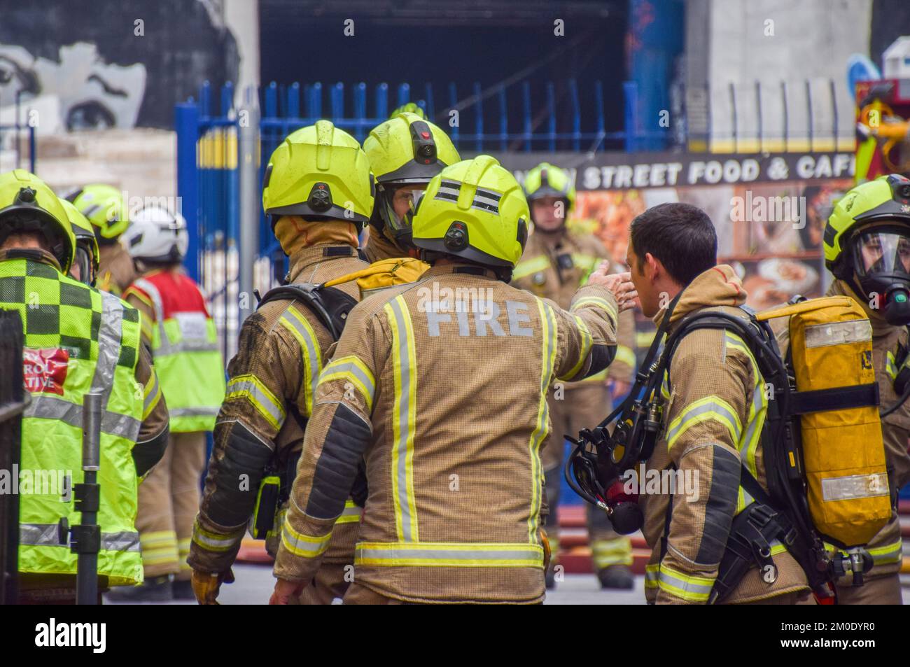 London Fire Brigade firefighters on the scene of a blaze which broke ...