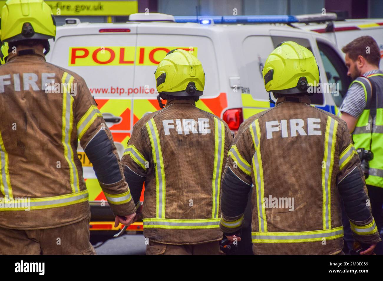 London Fire Brigade firefighters on the scene of a blaze which broke ...
