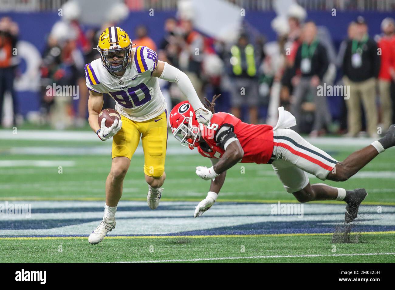 December 03, 2022: LSU wide receiver Jack Bech (80) breaks the tackle ...