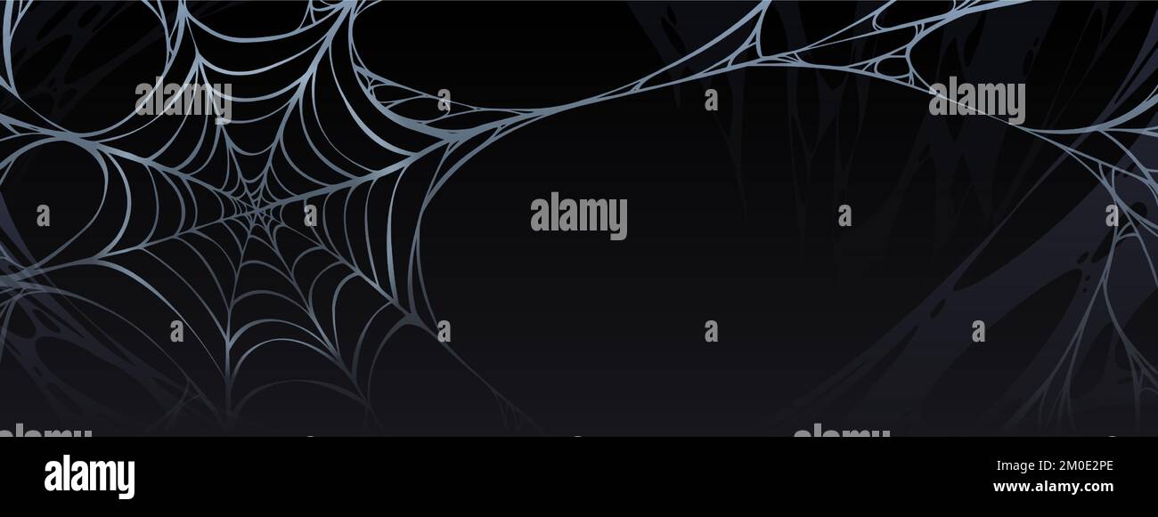 Spooky Halloween poster with spider web hanging in corner. Scary banner ...