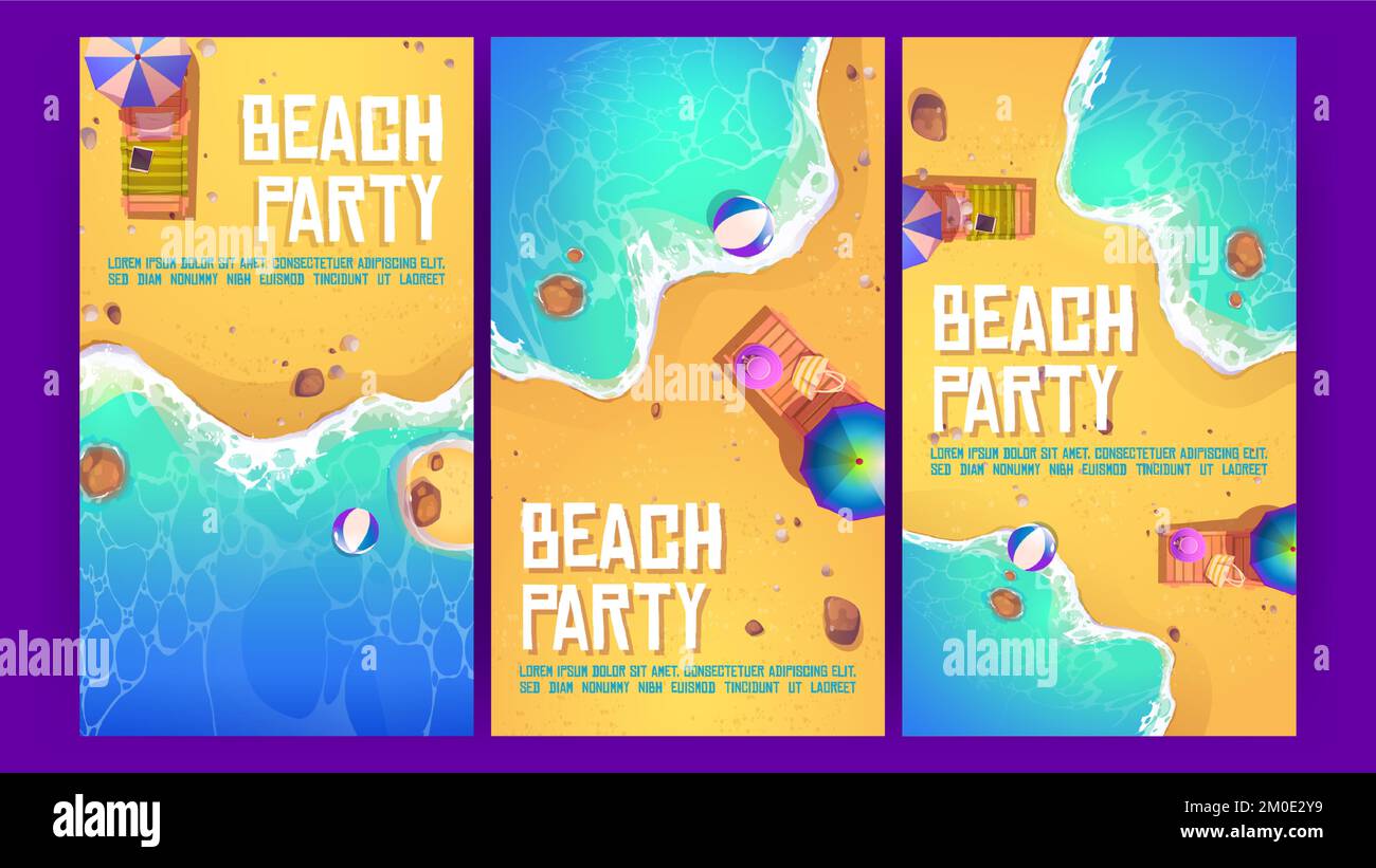 Beach party cartoon posters, ocean beach with sand and waves top view ...