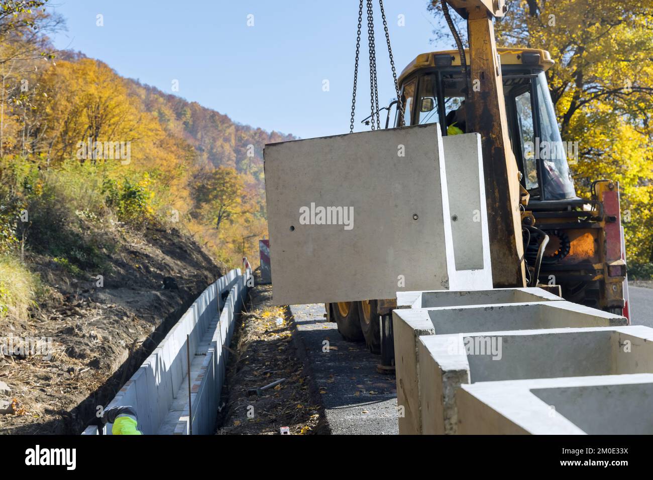 Installing u-shaped concrete drains in reconstruction road involved ...