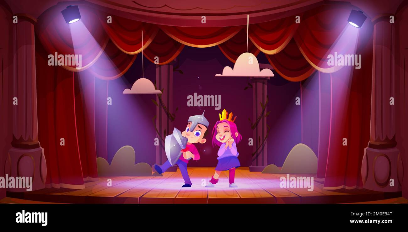 Children performing on theater stage. Vector cartoon illustration of ...