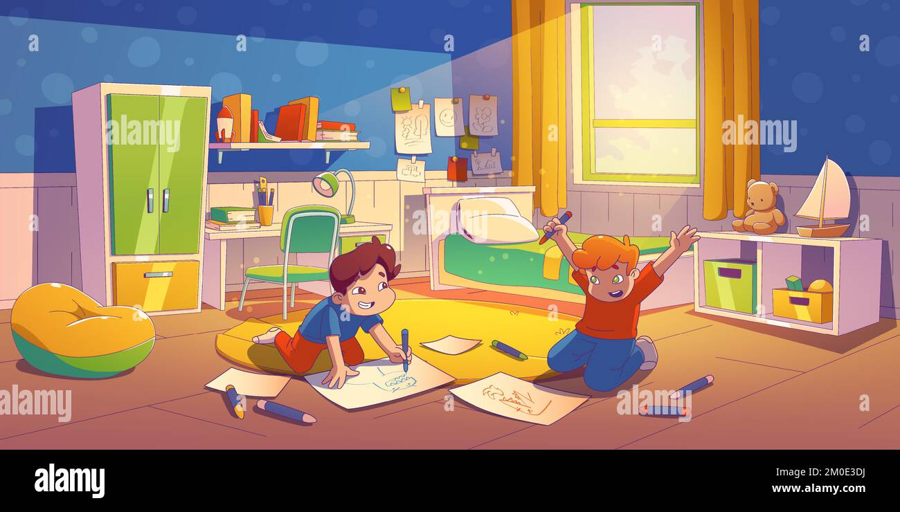 Brothers play in kids daycare room or home bedroom interior. Creative ...