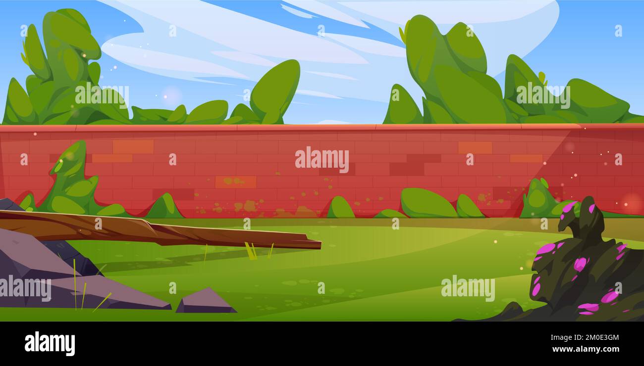 Backyard with brick wall fence, green grass, bushes with flowers and ...