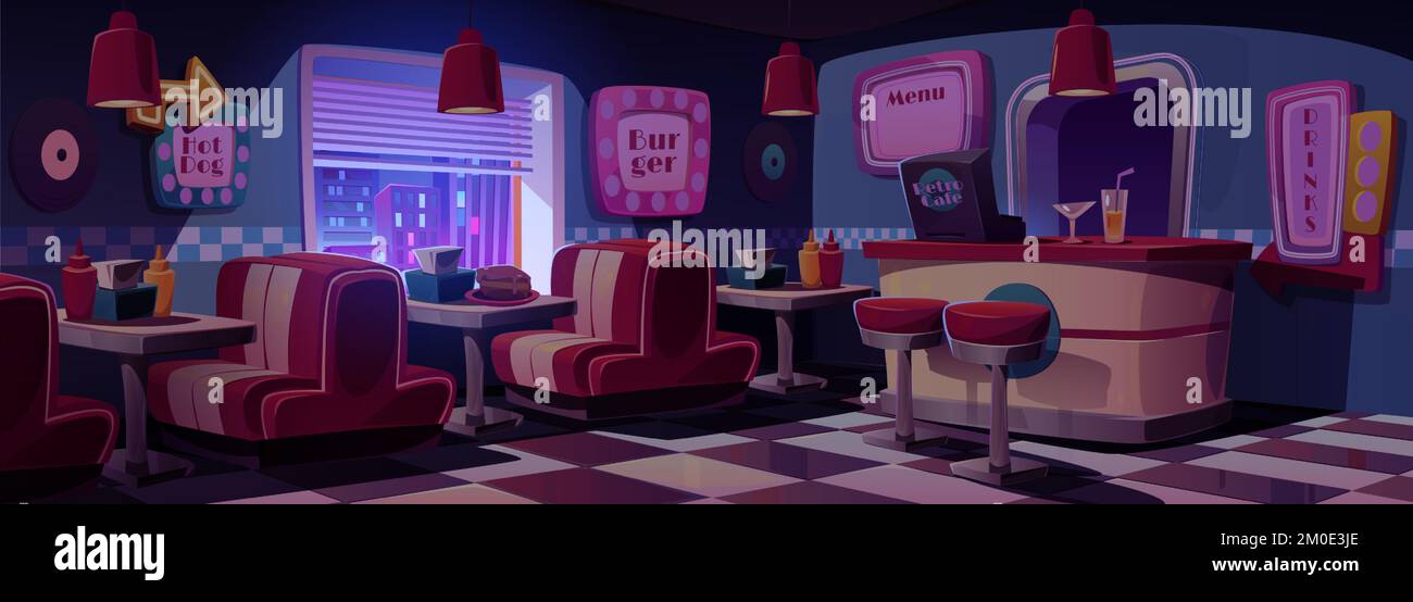 Dark retro cafe interior with tables, red sofas, signboards and counter ...