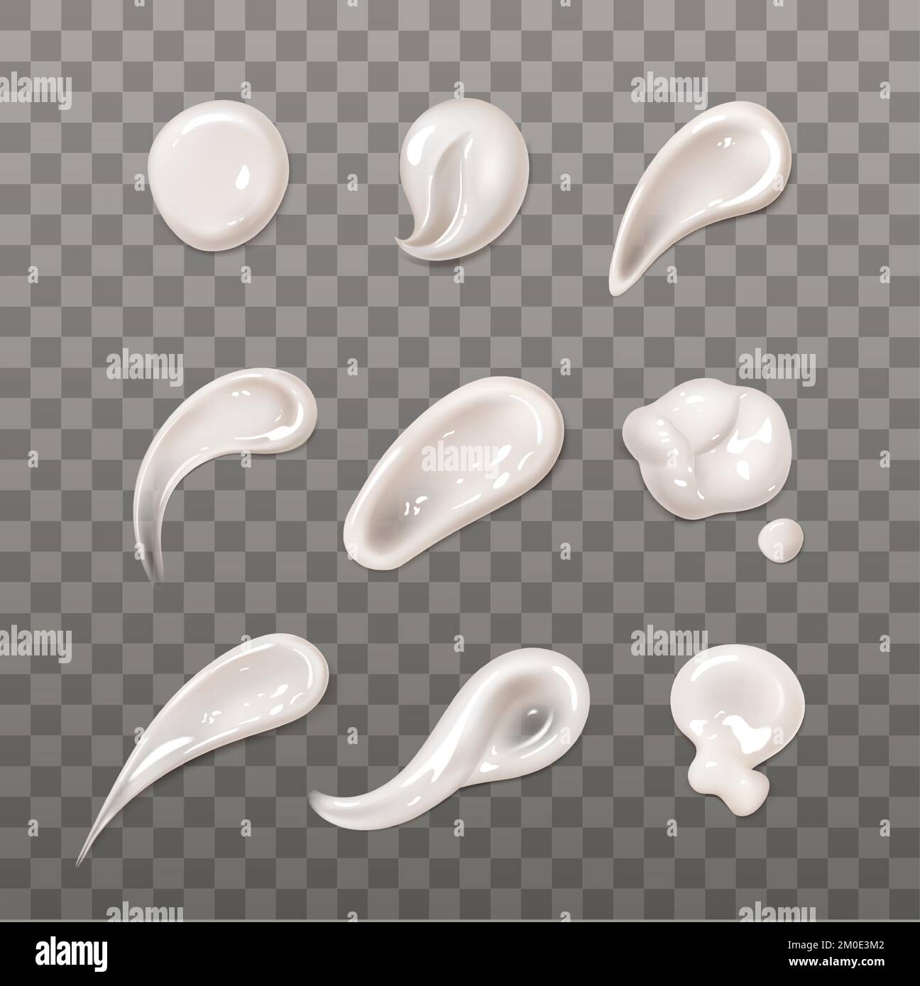 White cosmetic cream, lotion or gel swatches. Drops, smears and strokes ...