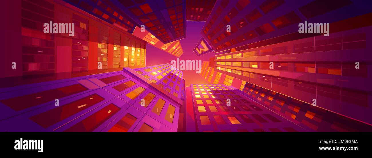 Sunset city low angle view at skyscrapers against purple sky reflects ...