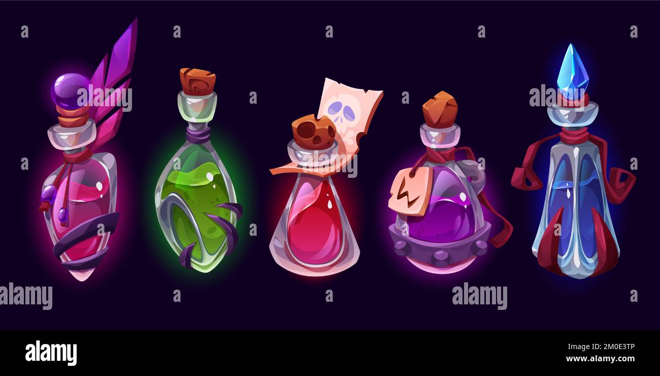 Witches elixirs, magic potions in glass bottles with corks and tags ...
