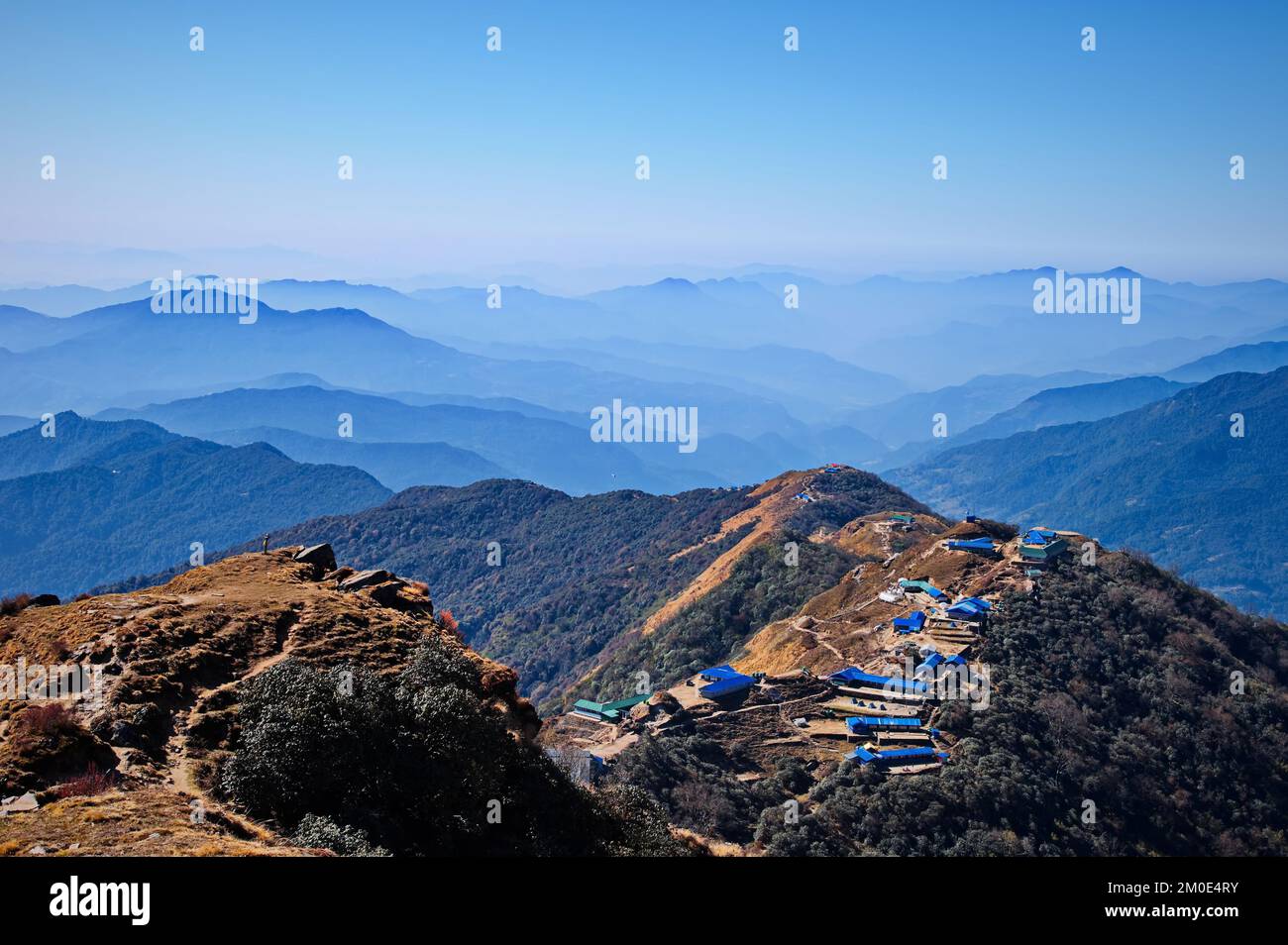 Aerial view of ridge in Annapurna massif with mountain huts, Nepal ...