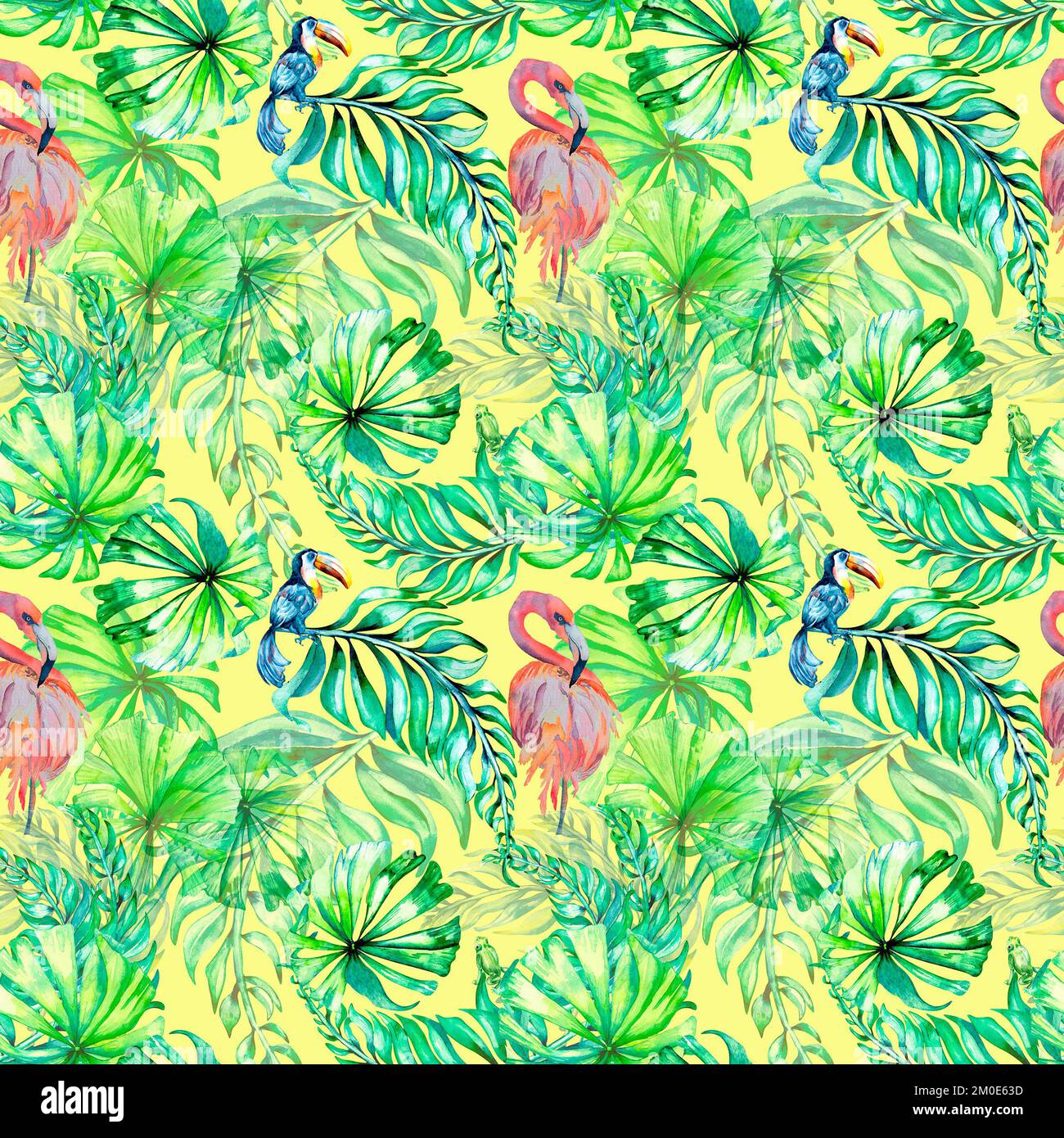 Tropical birds and palm leaves watercolor seamless pattern on yellow ...