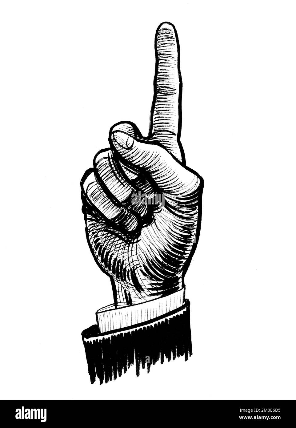 Hand pointing up. Ink black and white drawing Stock Photo - Alamy