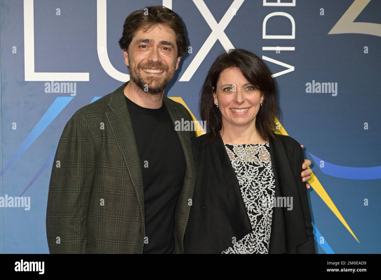 Giovanni Scifoni (l) and Elisabetta Scifoni (r) attend the blue carpet ...
