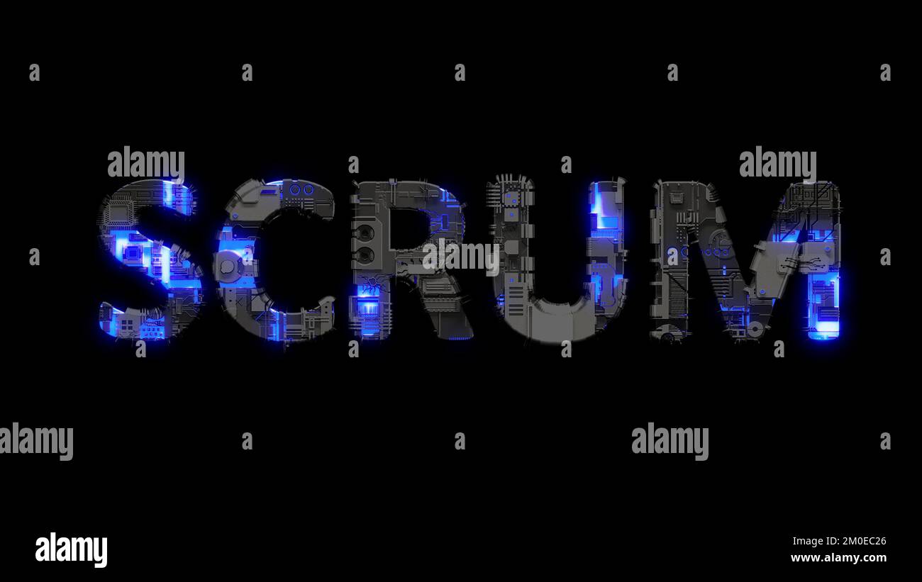 modern cybernetic text SCRUM shining blue electric light, isolated ...