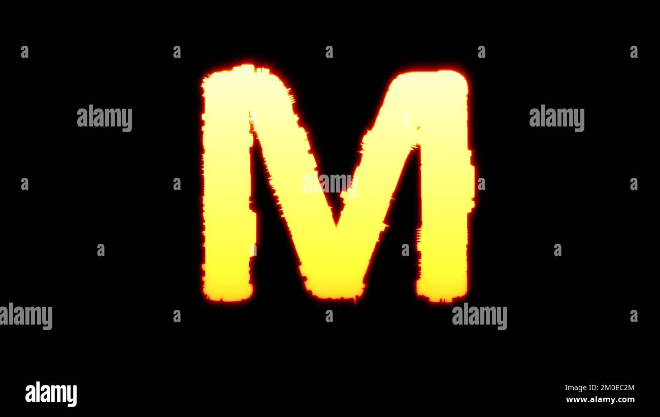 letter M - bright yellow blazing distortion font on black, isolated ...