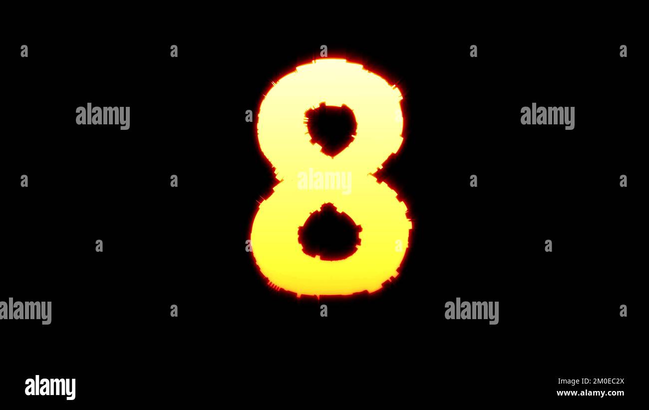 number 8 - colorful yellow blazing distortion font on black, isolated ...