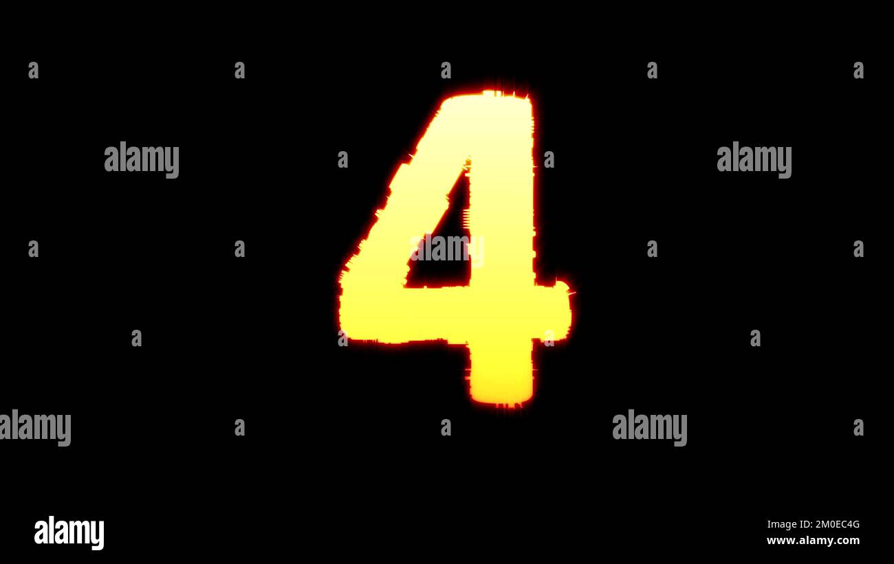 number 4 - festive yellow burning glitch font on black, isolated ...