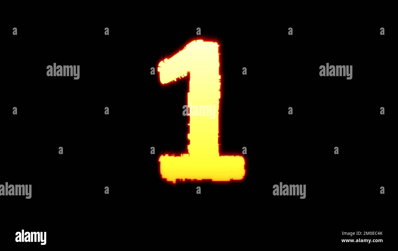 number 1 - colorful yellow burning glitchy font on black, isolated ...