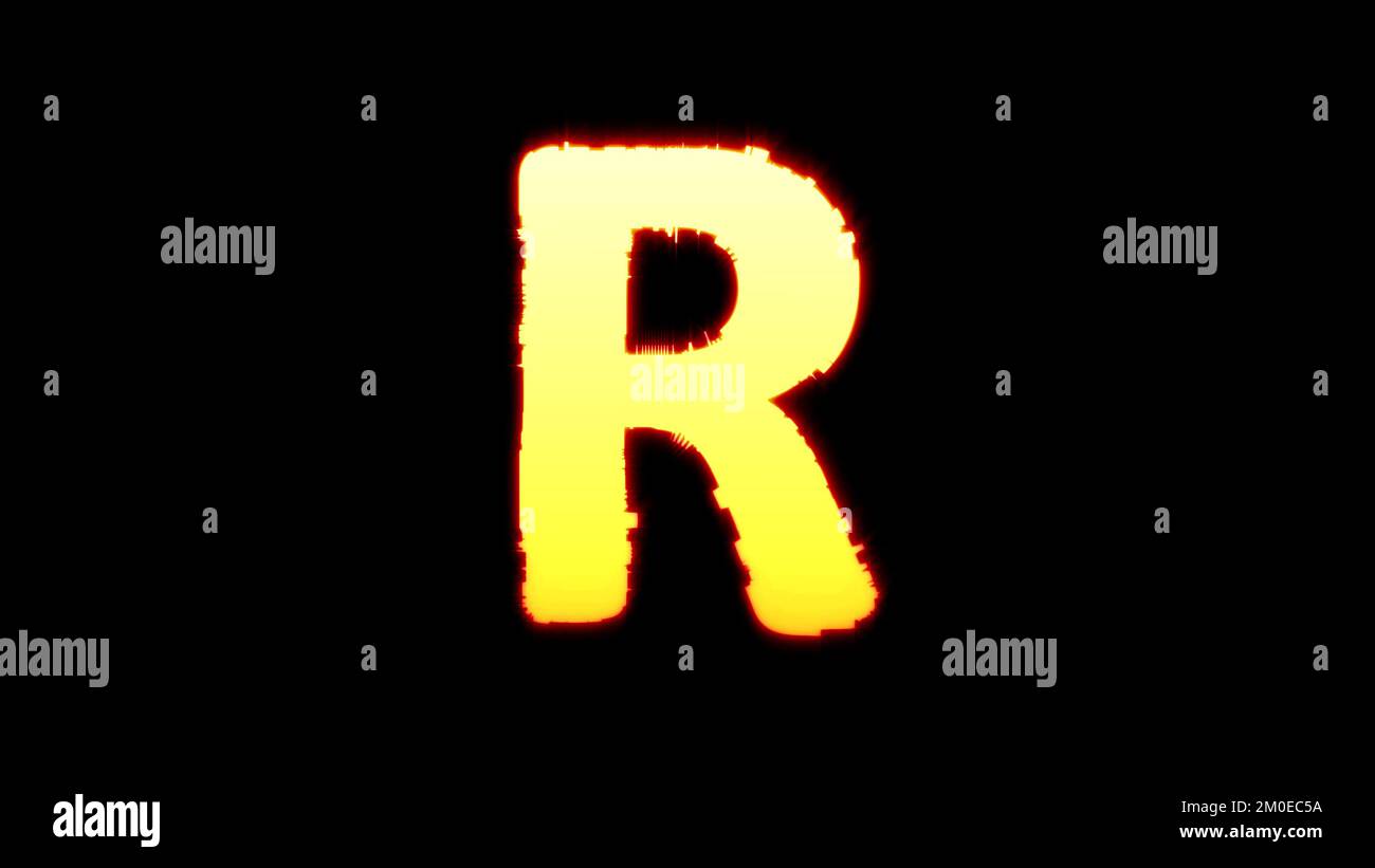 letter R - festal yellow blazing glitch alphabet on black, isolated ...