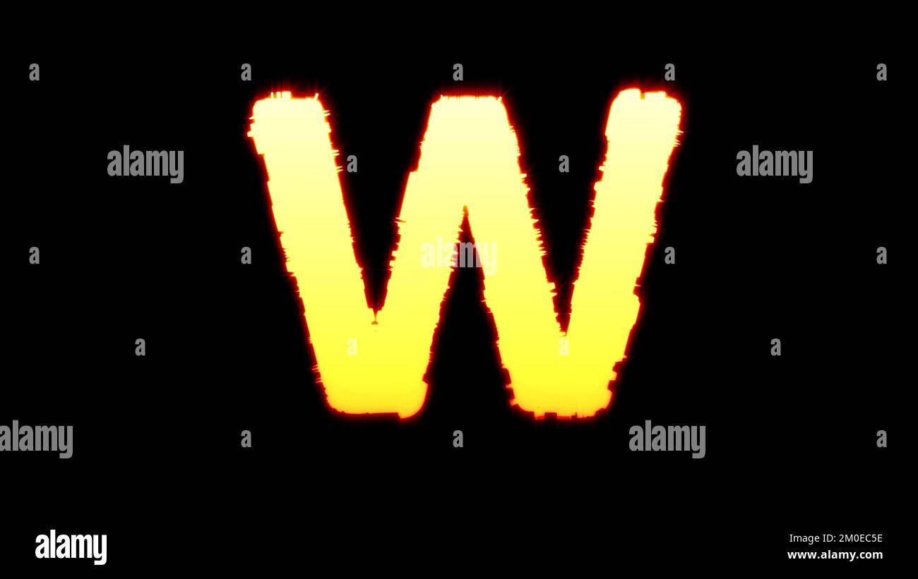 letter W - festal yellow burning glitchy font on black, isolated ...