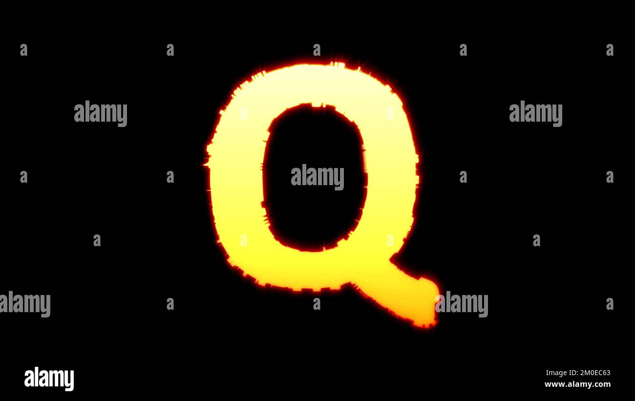 letter Q - bright yellow burning distorted font on black, isolated ...