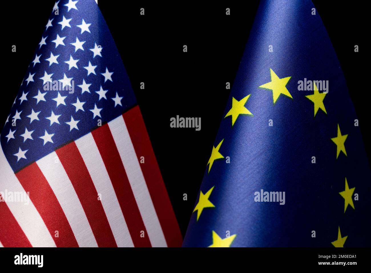 United States of America and European Union flags, concept of bilateral ...