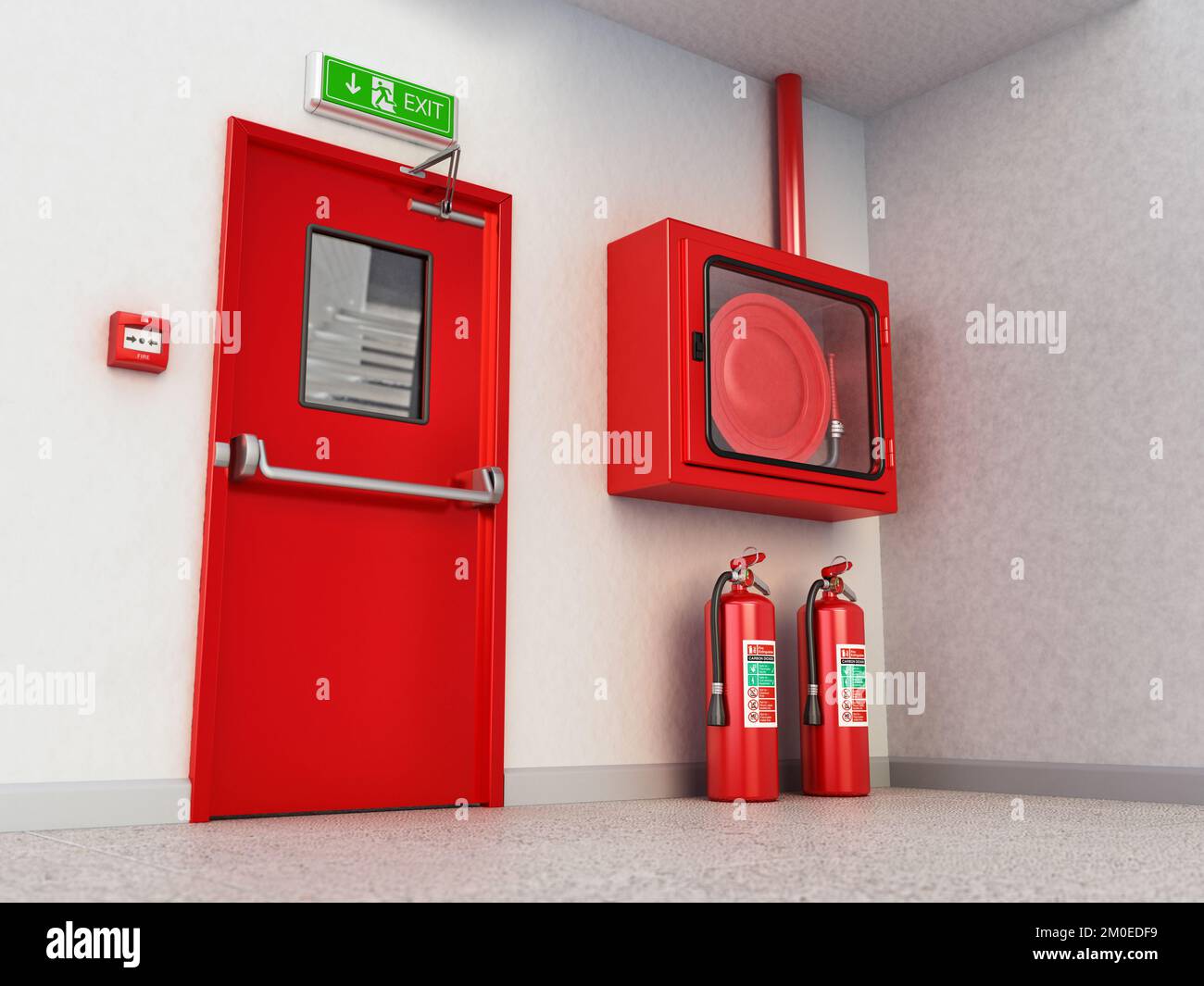 Fire exit door, exit sign, emergency fire button, extinguishers and ...
