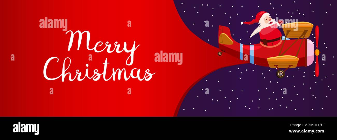 Santa Claus is flying by plane, delivery huge bag of Christmas gifts ...
