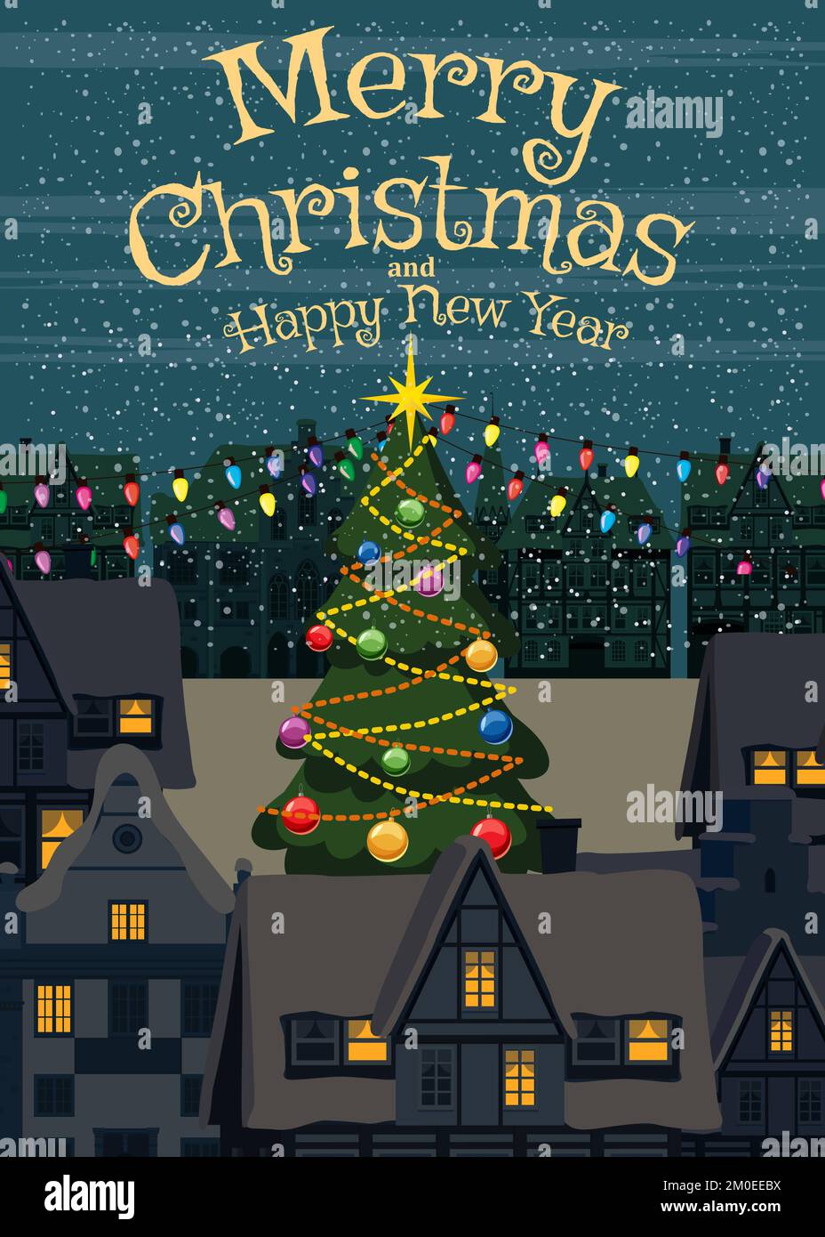 Merry Chistmas Poster. Roofs old town, xmas tree on the square Stock ...
