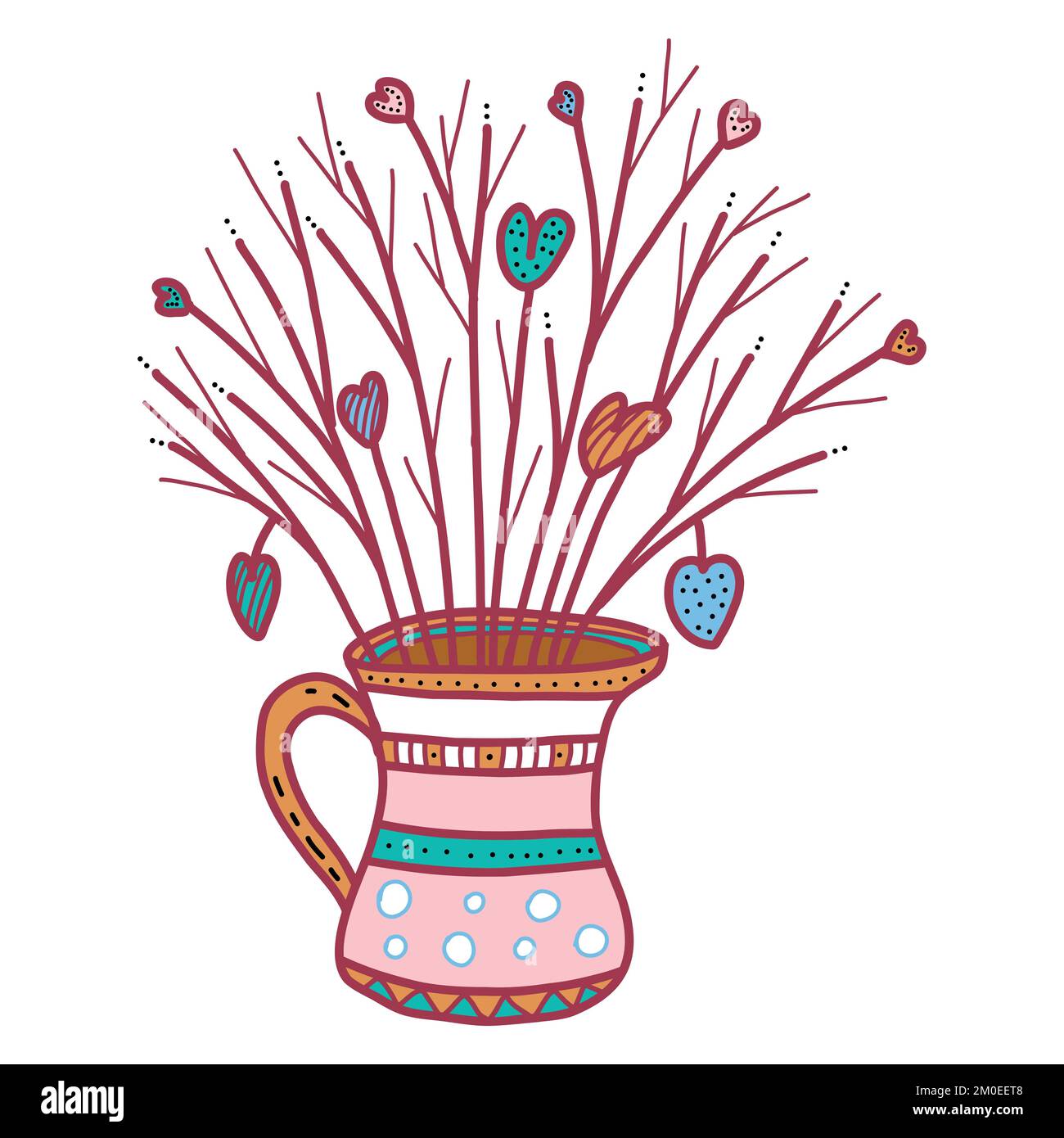 Hand-drawn bouquet vase with hearts for lovers. Design elements for ...