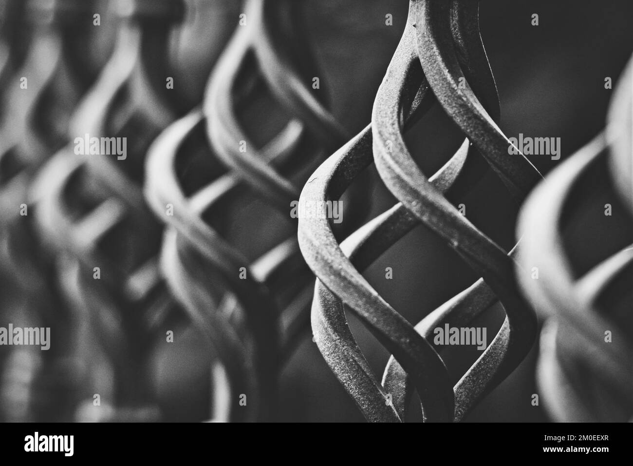 Black wrought iron front garden. Metal fence made of forged steel ...