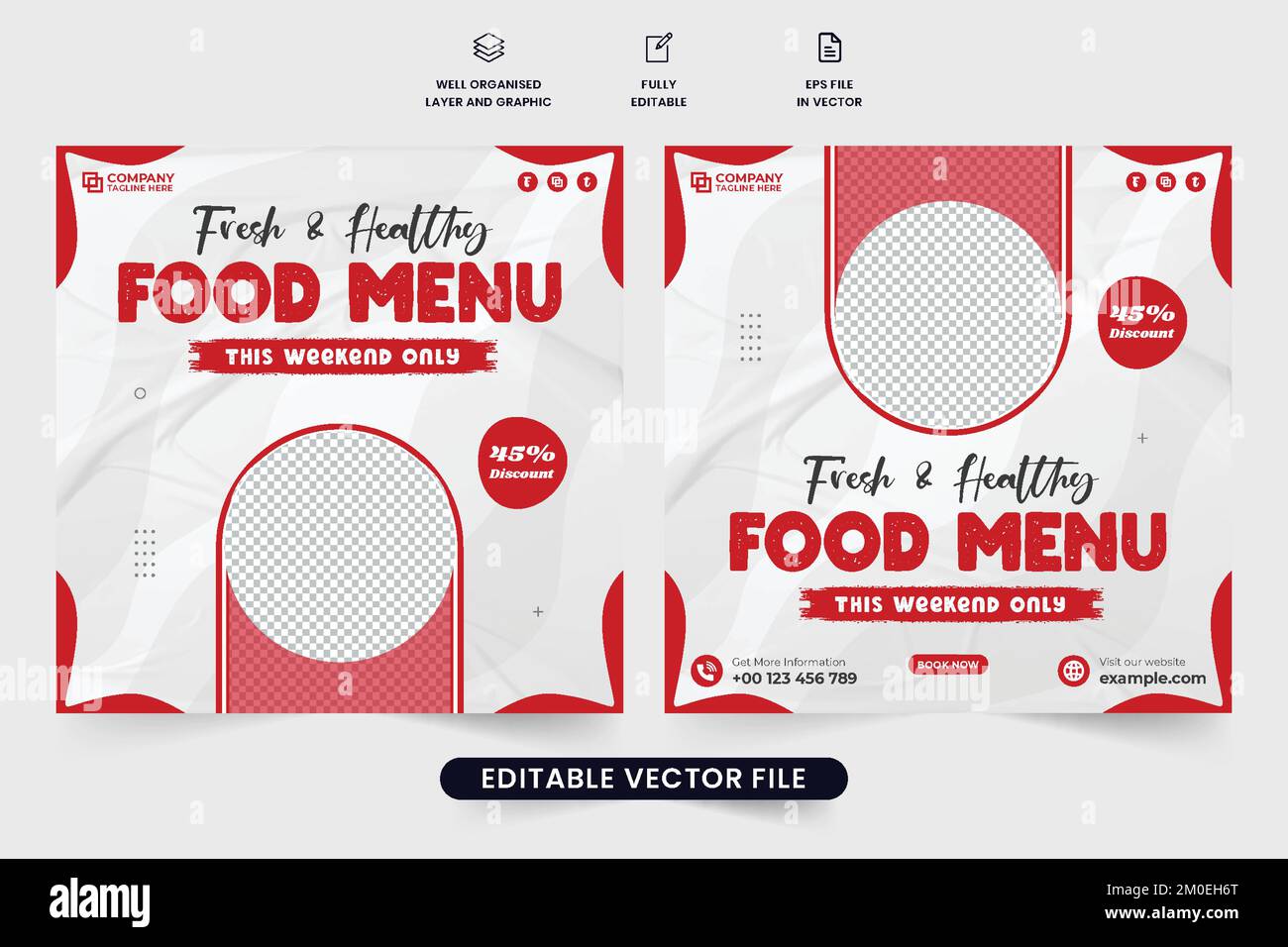 Food menu social media post vector with red and dark colors on white ...