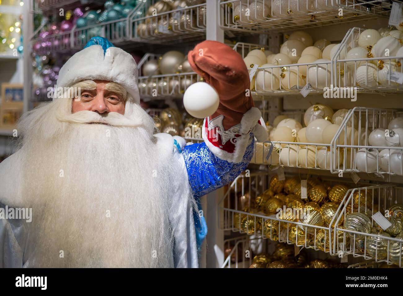 Russian Santa Claus chooses decorations for the Christmas tree Stock ...