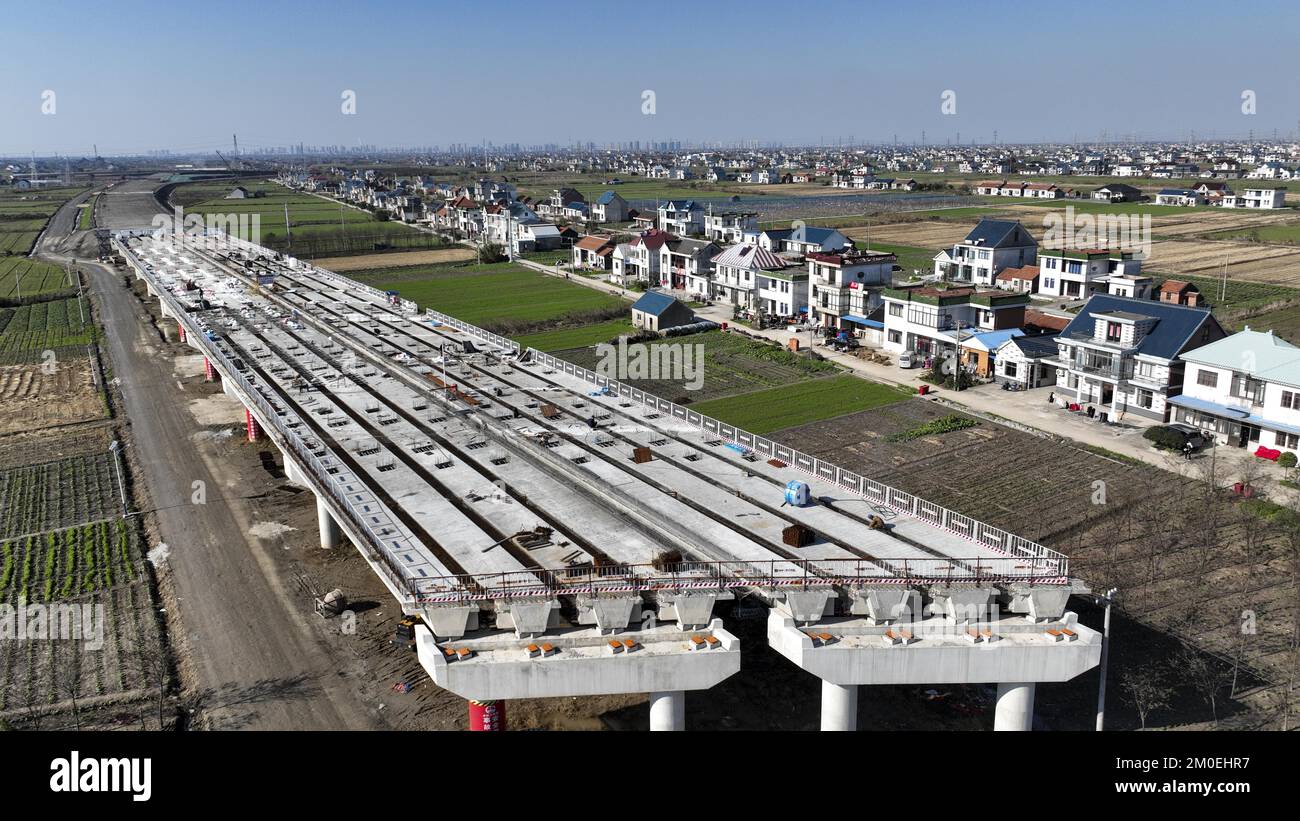 Aerial photo shows the construction site for the girder erection of the ...