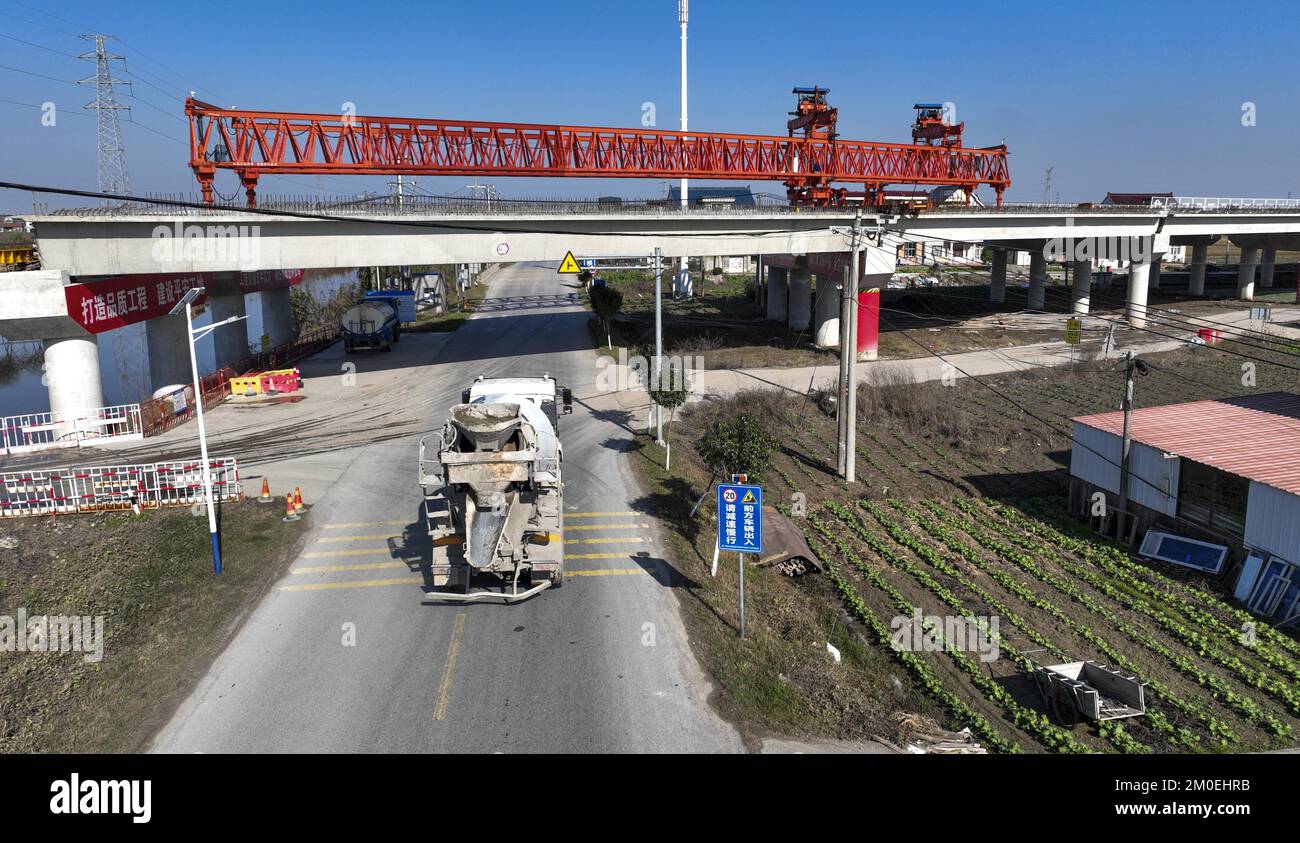 Aerial photo shows the construction site for the girder erection of the ...