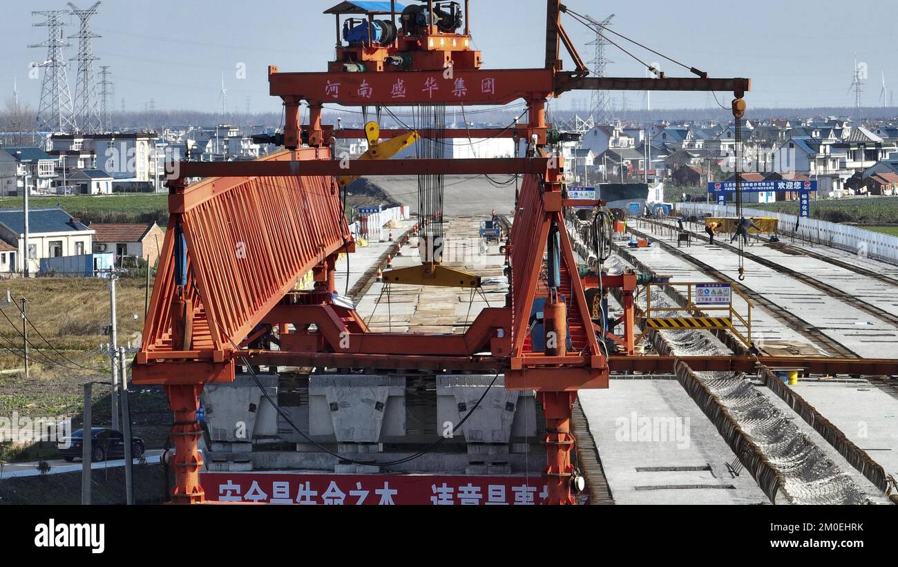 Aerial photo shows the construction site for the girder erection of the ...