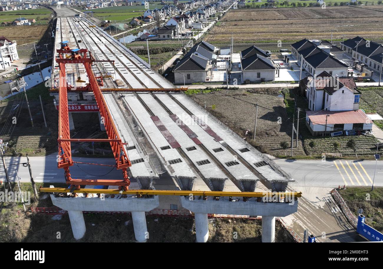 Aerial photo shows the construction site for the girder erection of the ...