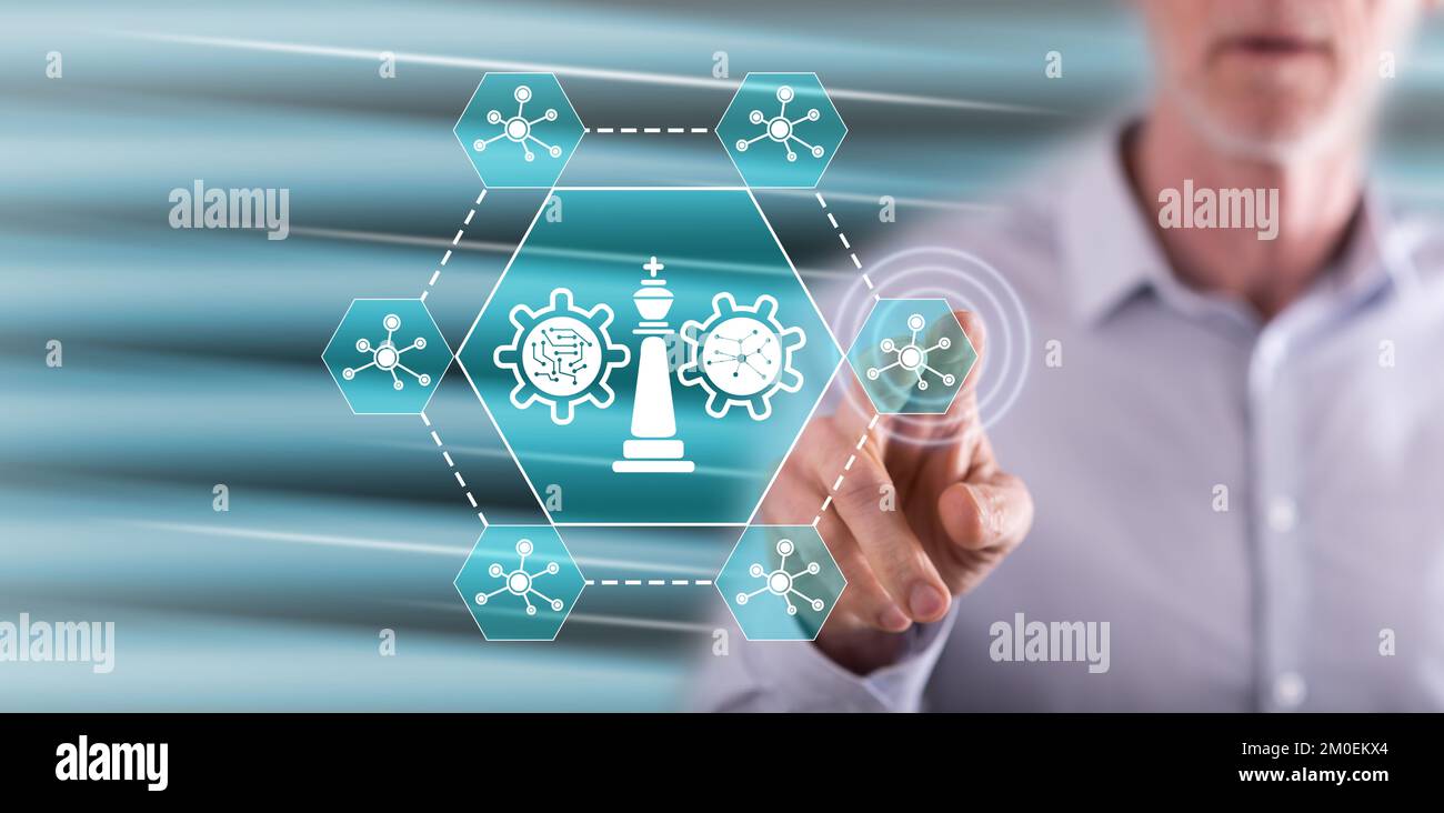Man touching a digital strategy concept on a touch screen with his ...