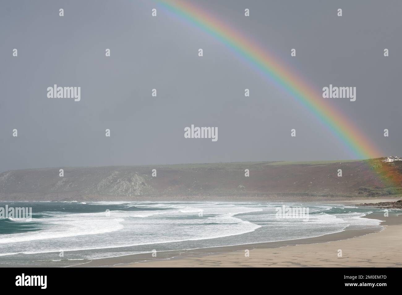 Rainbow over sennen cove corwall england rain storm shore waves hi-res ...