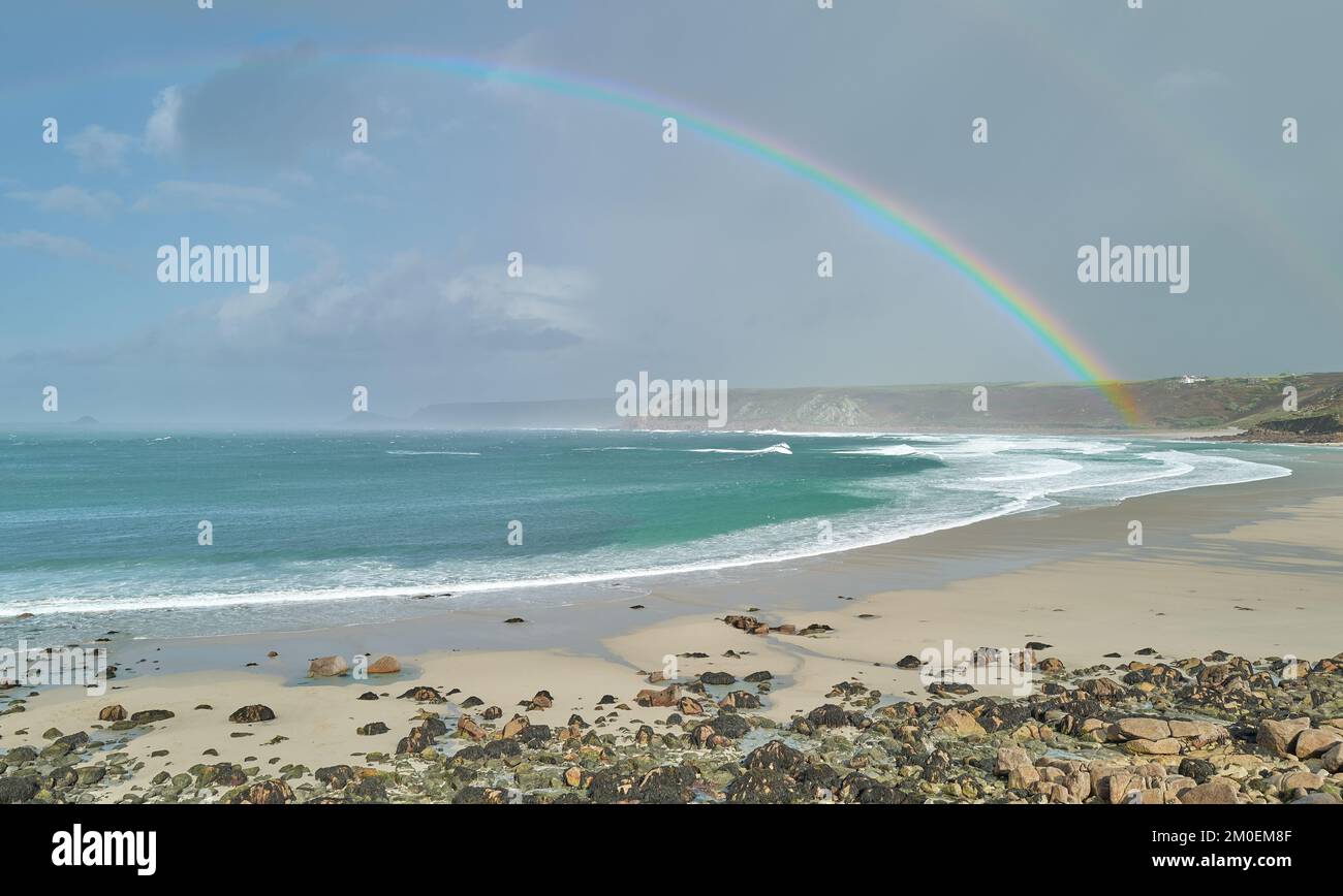 Rainbow over sennen cove corwall england rain storm shore waves hi-res ...