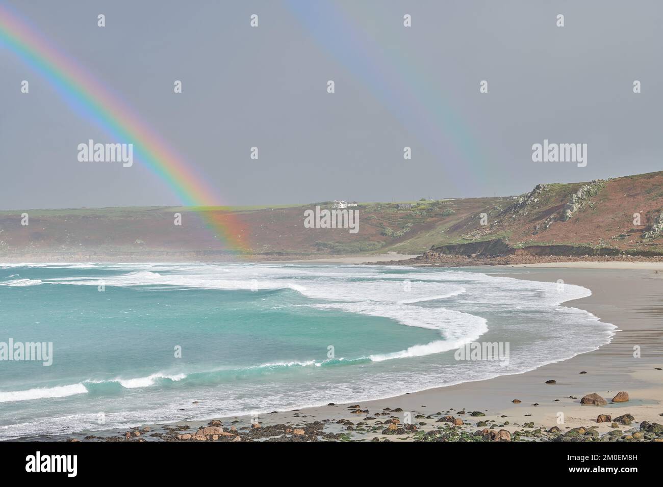 Rainbow over sennen cove corwall england rain storm shore waves hi-res ...