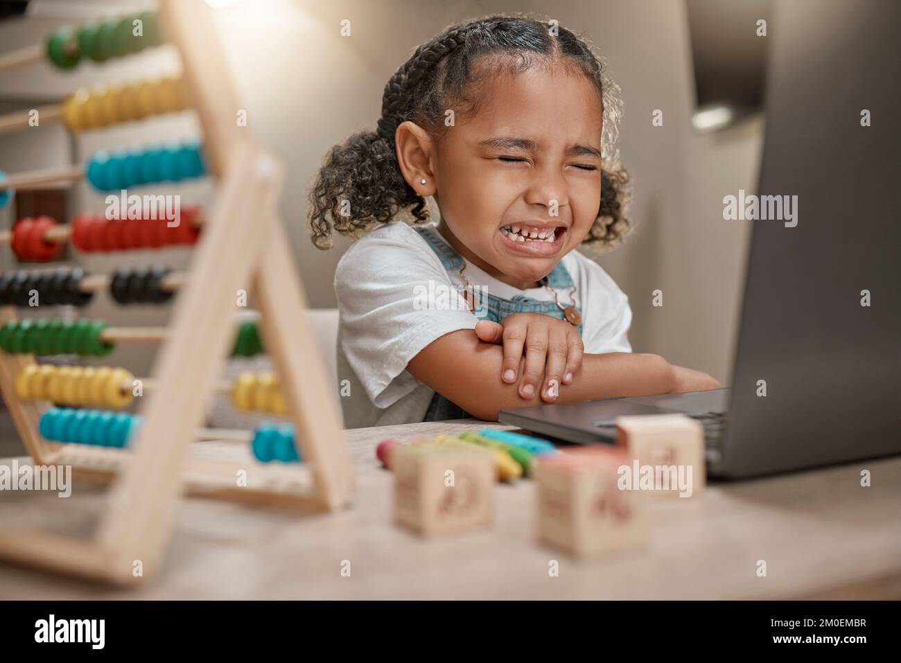 Girl, sad and crying with laptop and abacus, math and homework with ...