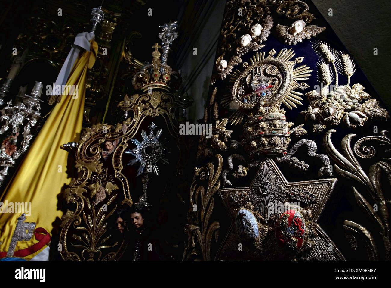 Decorated flags for the Holy Week procession in Sevilla Stock Photo - Alamy