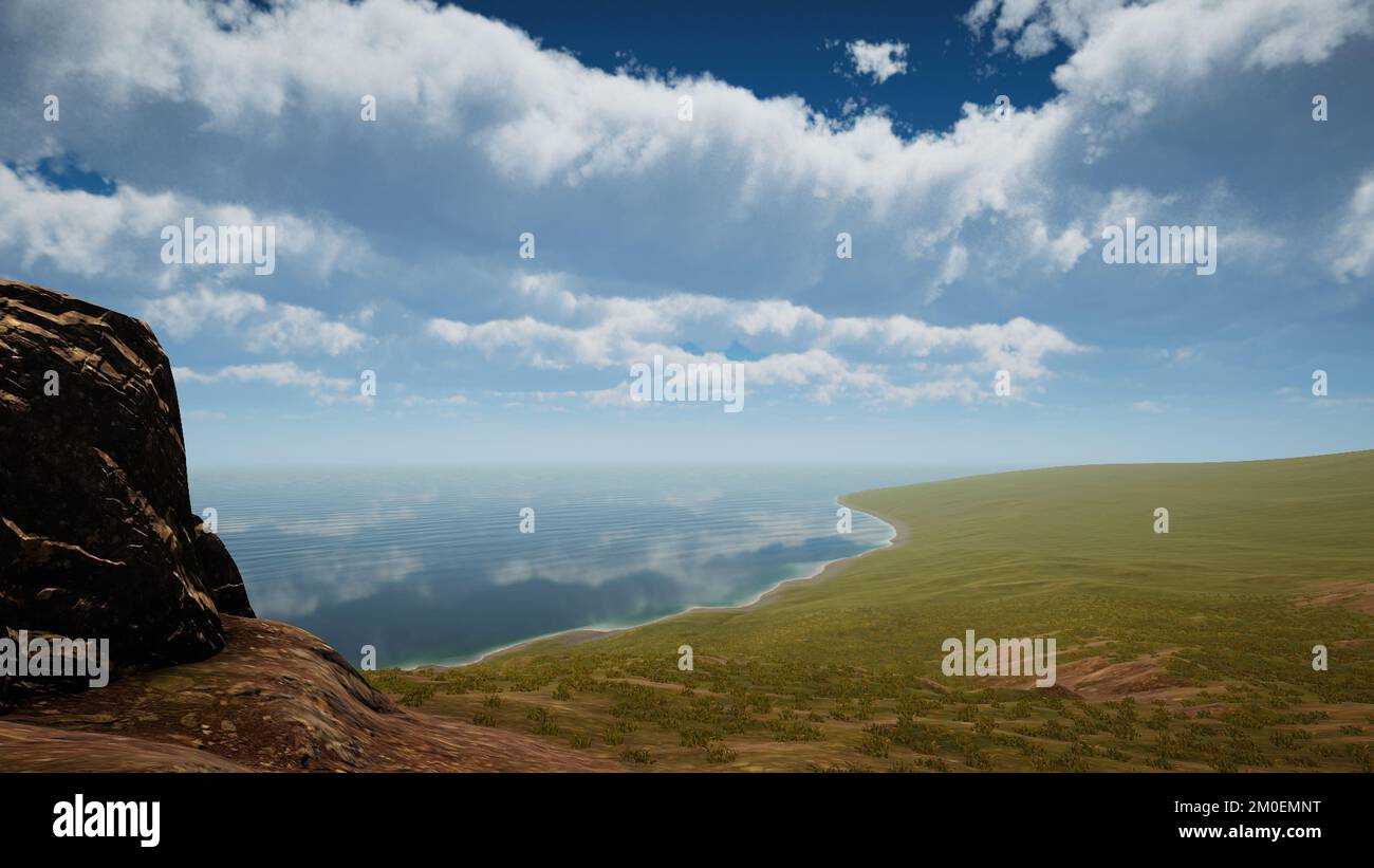 3D rendering. Natural environment of a green island with no trees ...