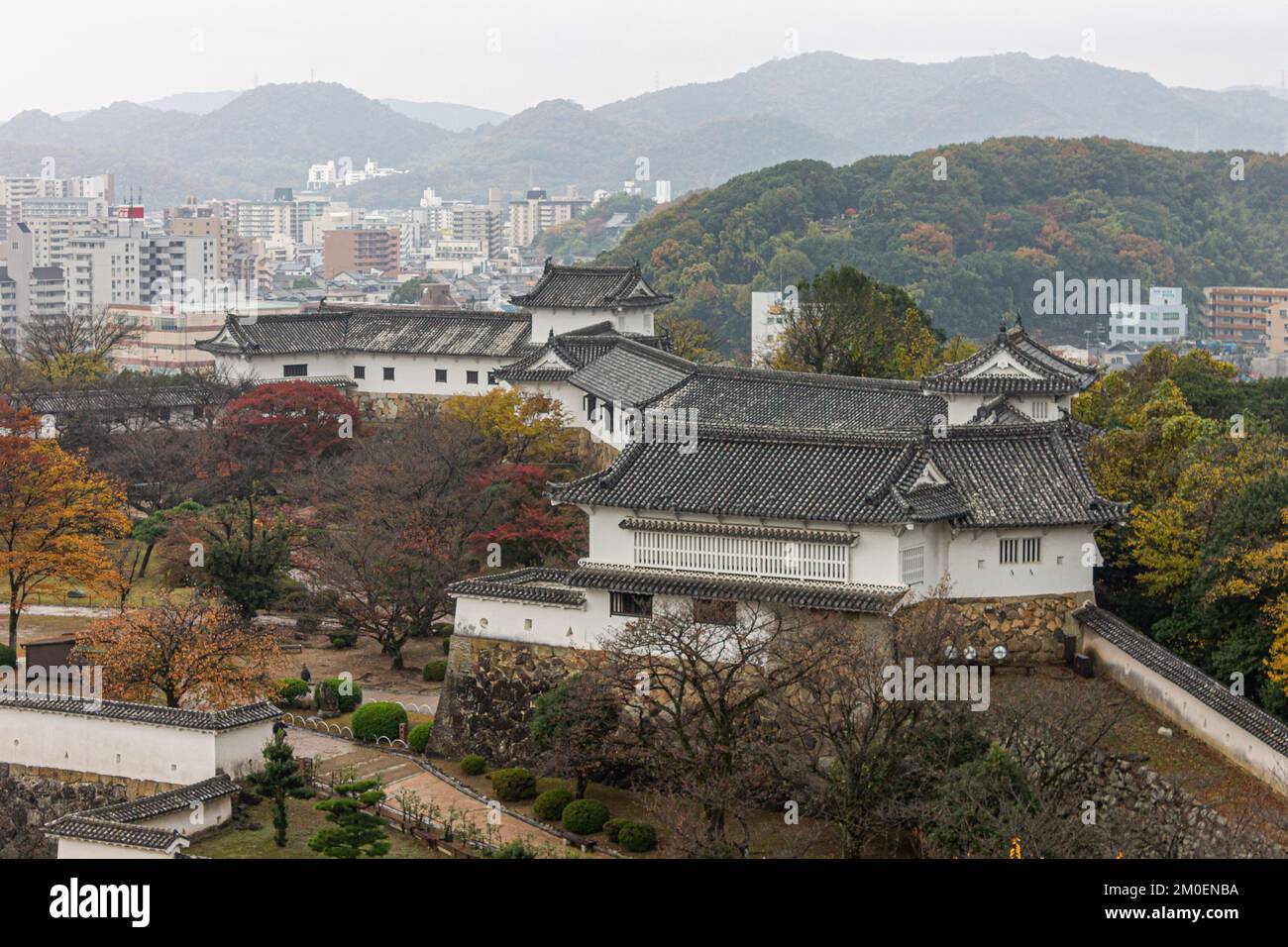 Himeji, Japan. Aerial view of the curved gables and rooftop tiles of ...